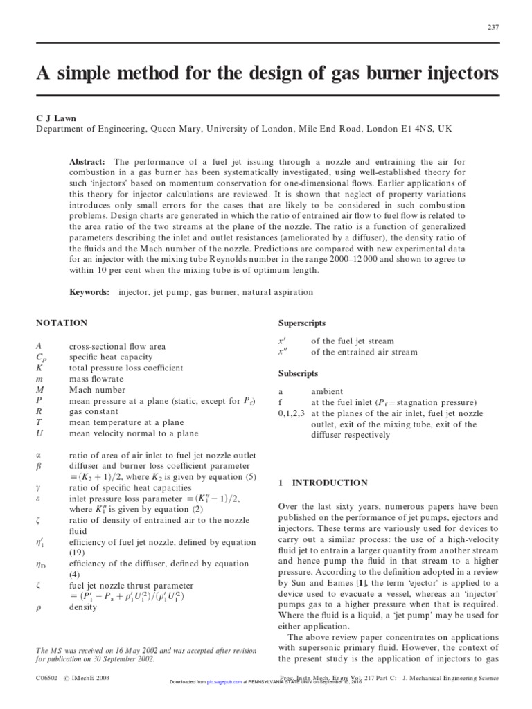 A Simple Method For The Design of Gas Burner Injectors - Lawn (2003) | PDF