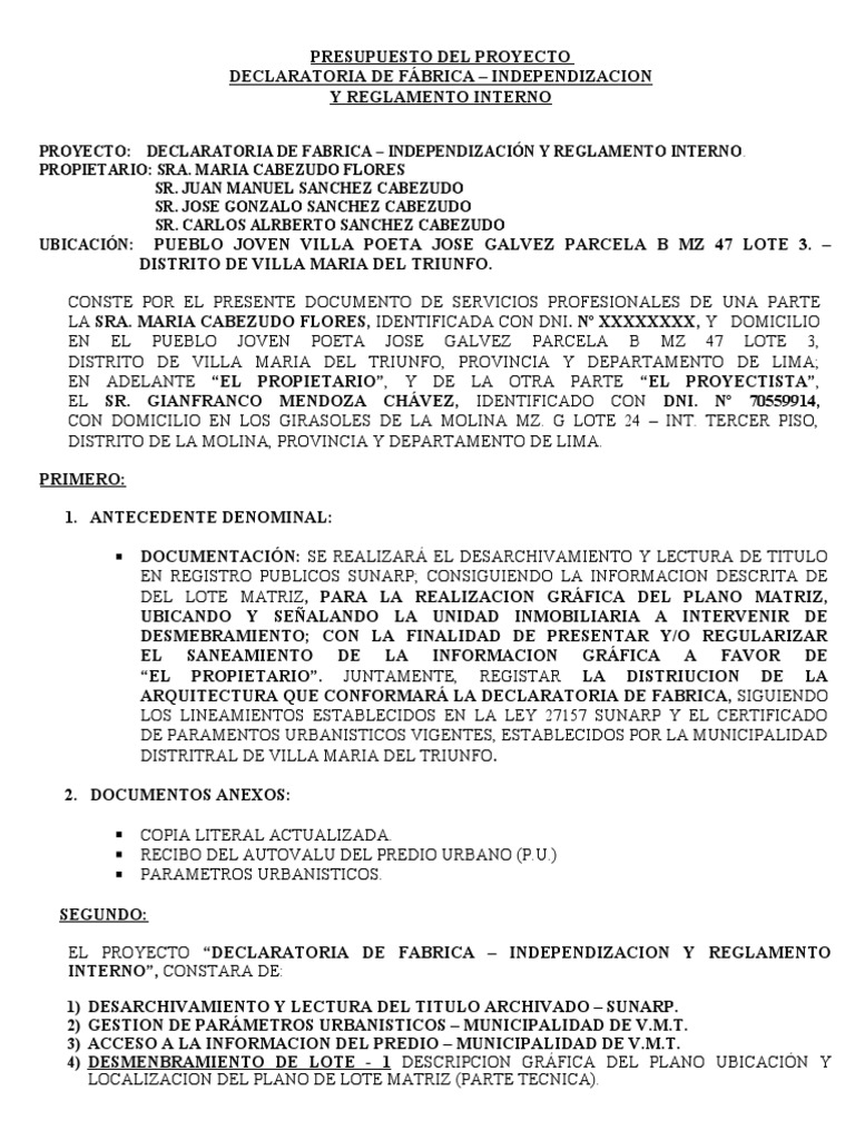 Declaratoria de Fabrica - Independizacion y Reglamento Interno | PDF