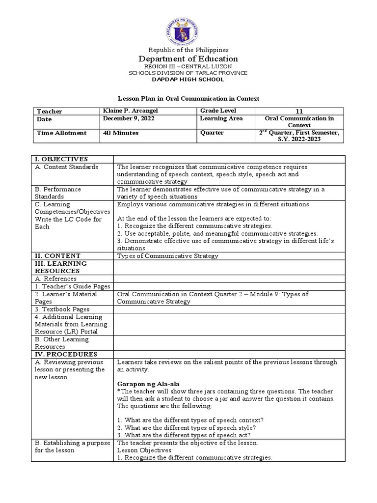 Lesson Plan Oral Communication COT TIP | Download Free PDF | Nonverbal Communication | Communication