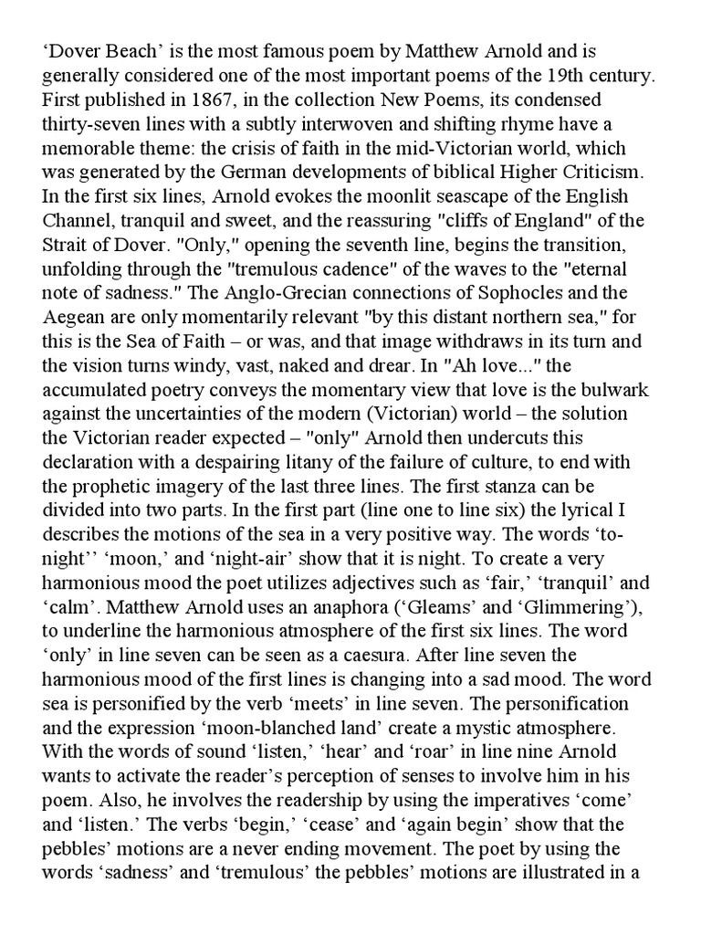 Critical Appreciation of Dover Beach | PDF | Poetry