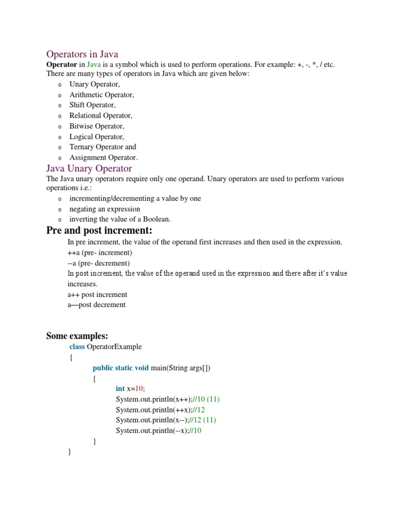 Operators in Java | PDF | Software Engineering | Mathematics Operators in Java | PDF | Software Engineering | Mathematics
