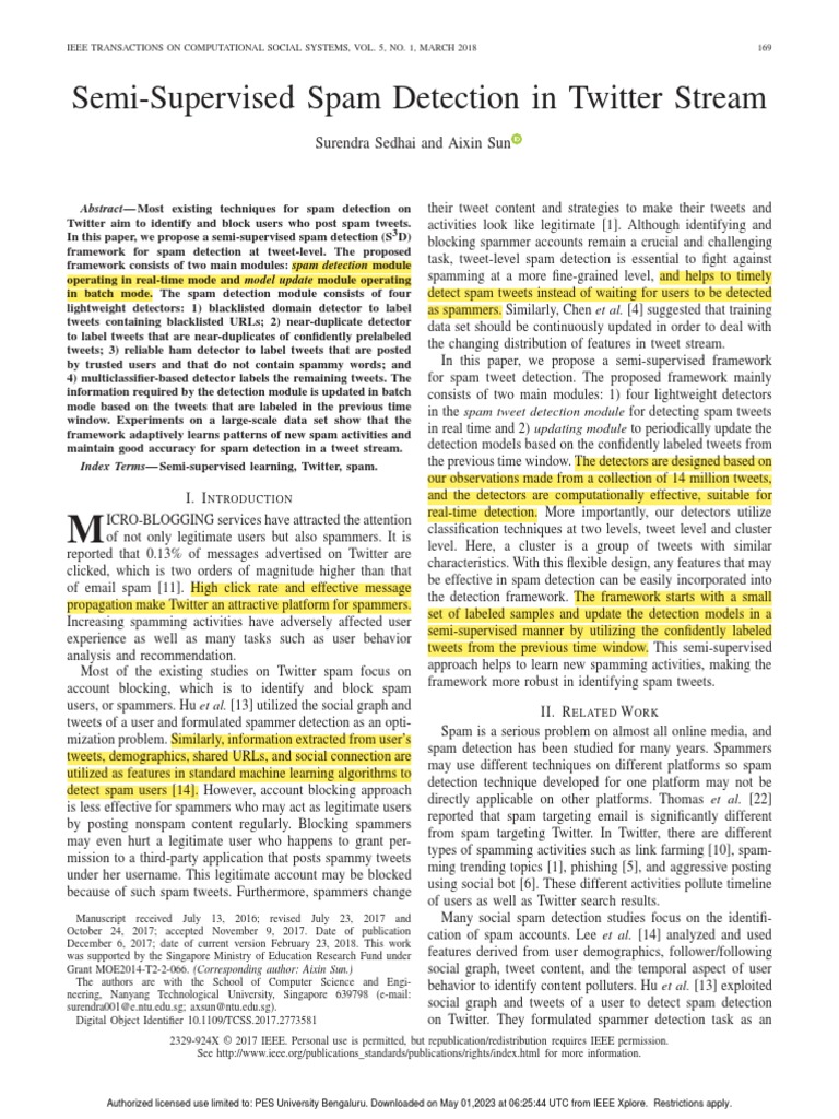 Semi-Supervised Spam Detection in Twitter Stream | PDF | Spamming | Statistical Classification