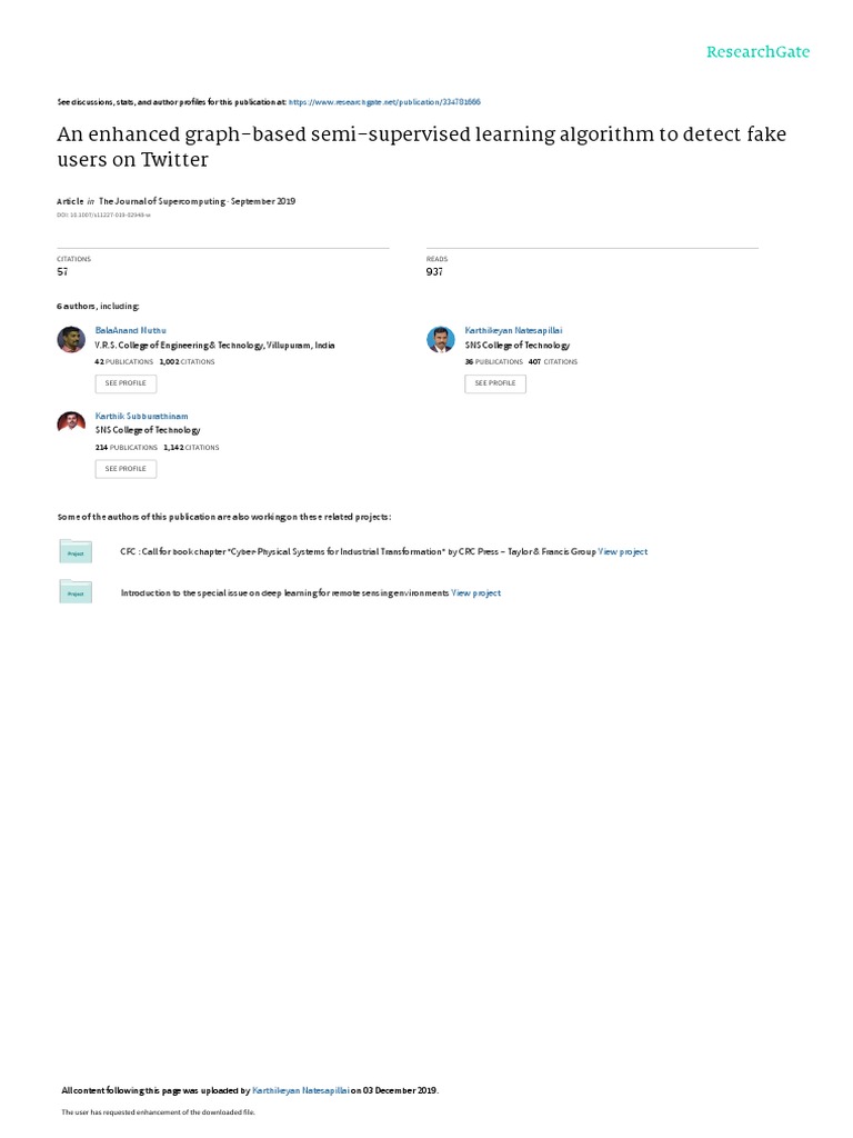 An Enhanced Graph Based Semi Supervised Learning Algorithm To Detect Fake Users On Twitter Pdf