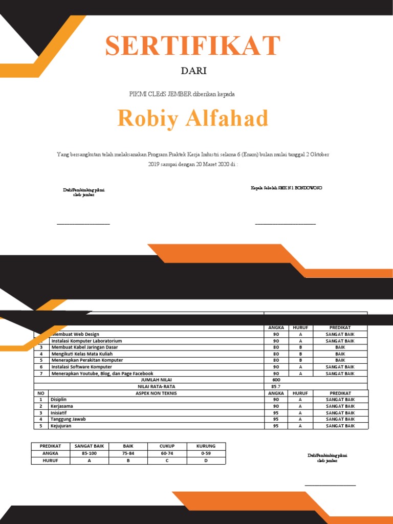 Contoh Format Sertifikat Magang Plus Nilai | PDF
