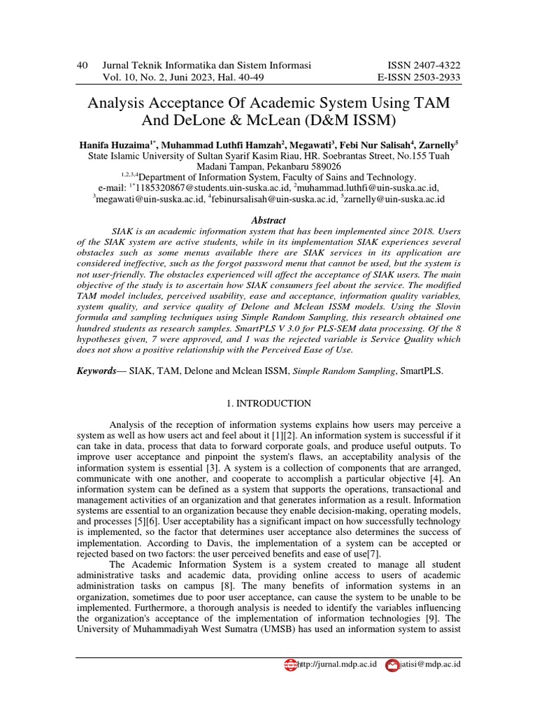 Analysis Acceptance of Academic System Using TAM and DeLone & McLean (D&M ISSM) | PDF ...