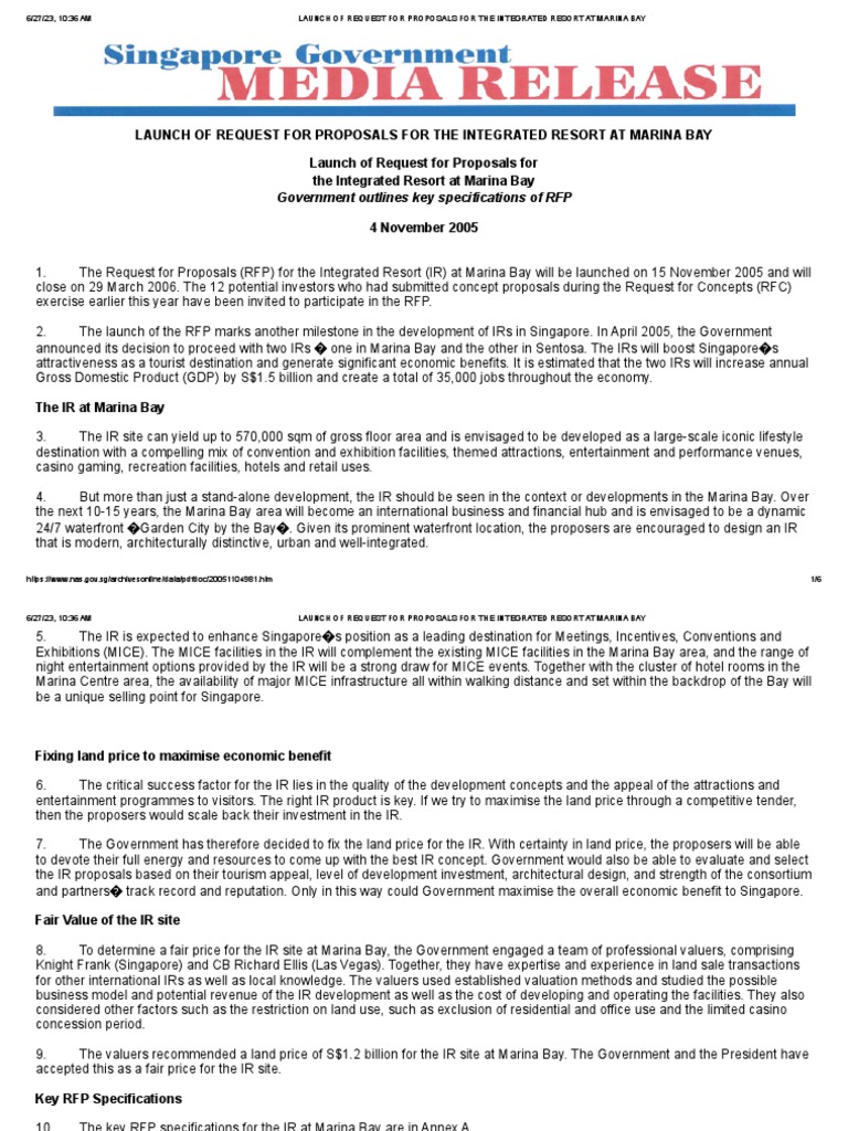 RFP for Marina Bay Integrated Resort | PDF | Economies