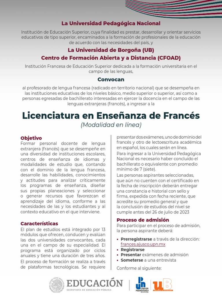 Convocatoria Licenciatura en Enseñanza de Francés UPN | PDF | Enseñando ...