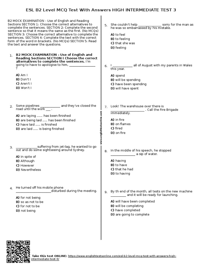 687 - Esl b2 Level MCQ Test With Answers High Intermediate Test 3 | PDF ...