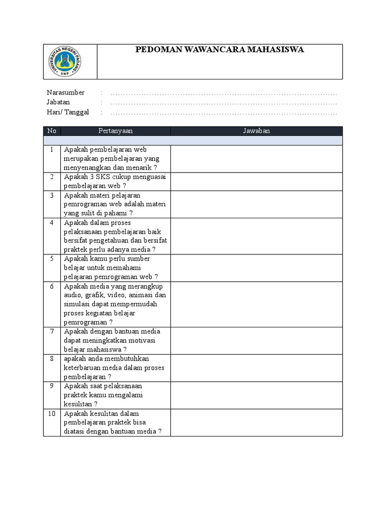 PEDOMAN WAWANCARA Mahasiswa | PDF