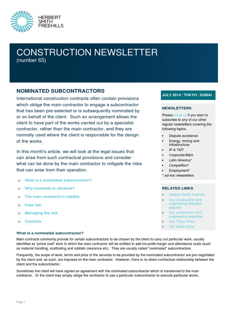 Nominated Subcontractors - Lexology | PDF | Legal Liability | Employment