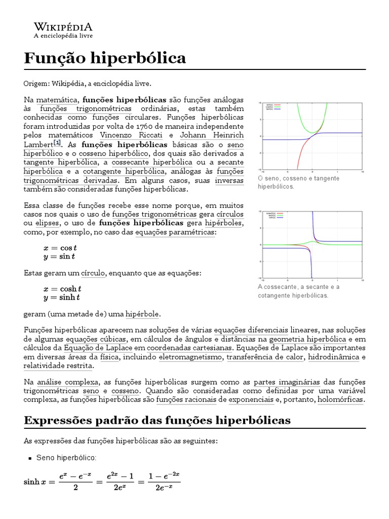 Função Hiperbólica - Wikipédia, A Enciclopédia Livre | PDF