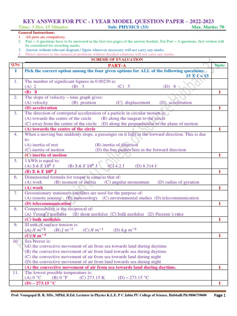 KEY Answer For PU Board Model Paper PU - 1-2022 | Download Free PDF | Waves | Electromagnetic ...