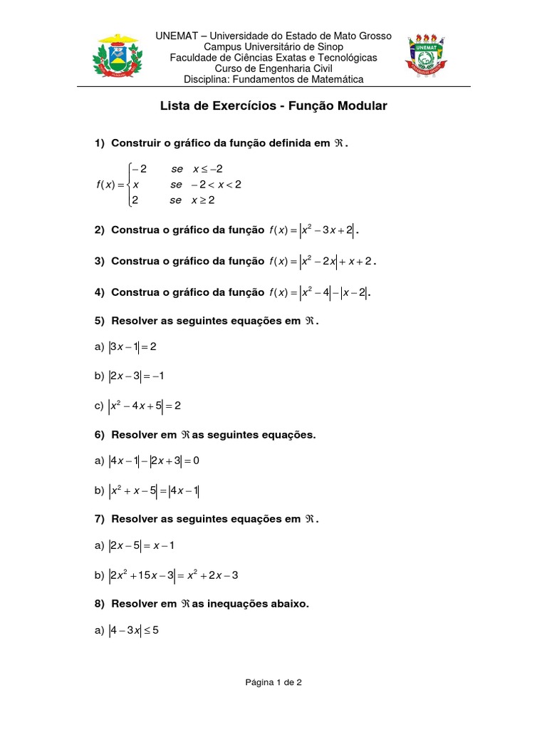 11 Exercícios Resolvidos de Função Modular | PDF