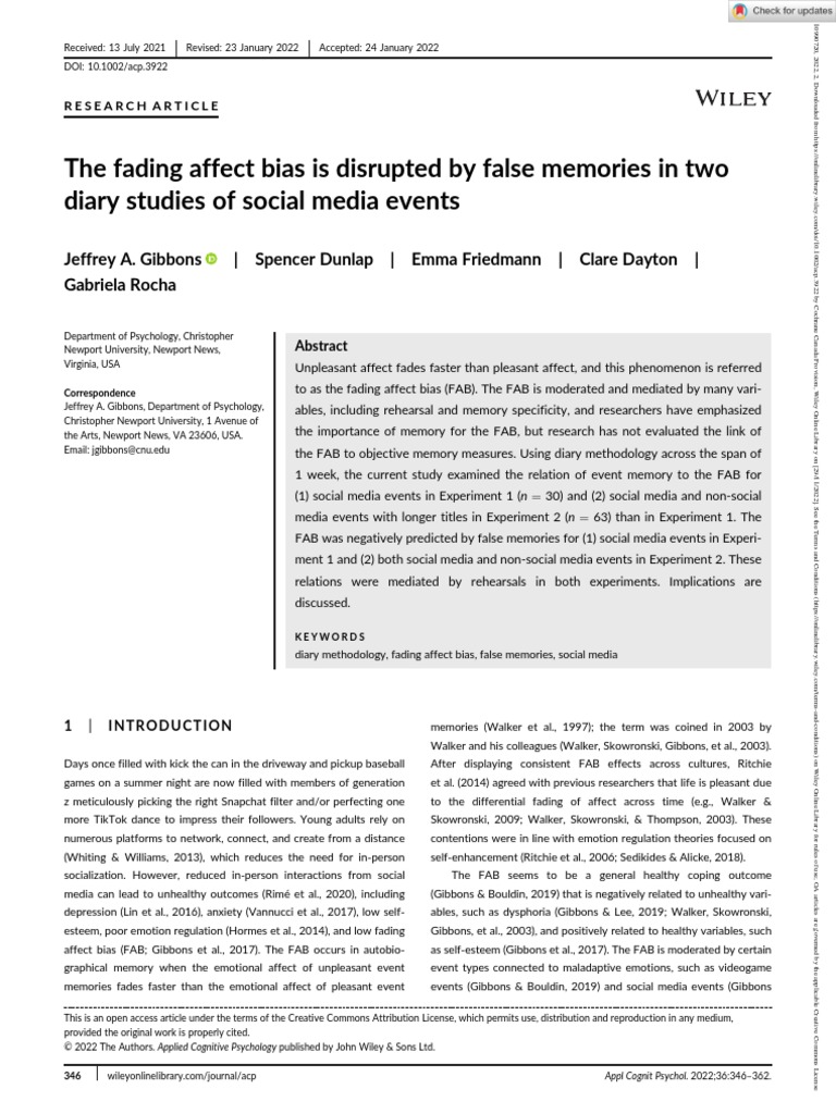 Applied Cognitive Psychology - 2022 - Gibbons - The Fading Affect Bias ...