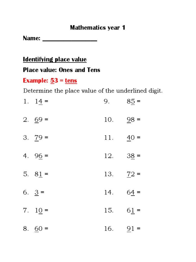 Mathematics Year 1 (Place Value and Digit Value) | PDF