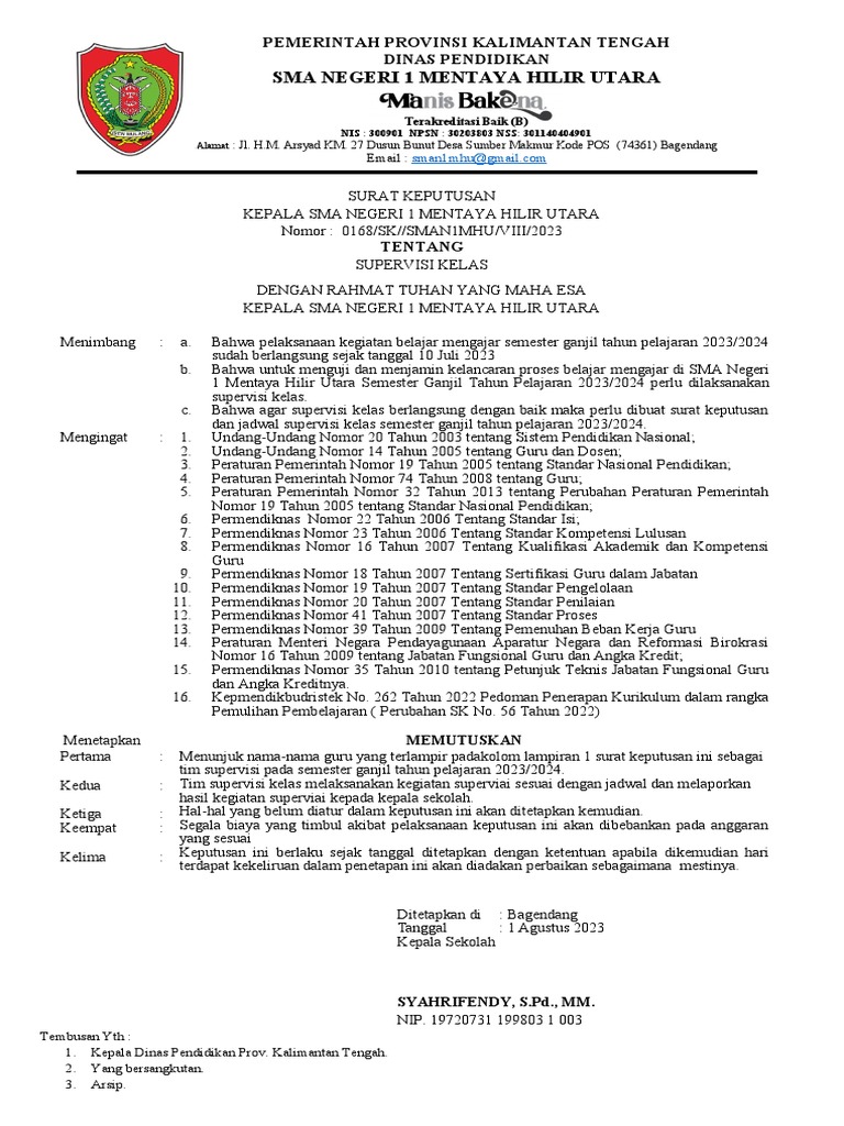 SK Supervisi Akademik Kurikulum Merdeka | PDF