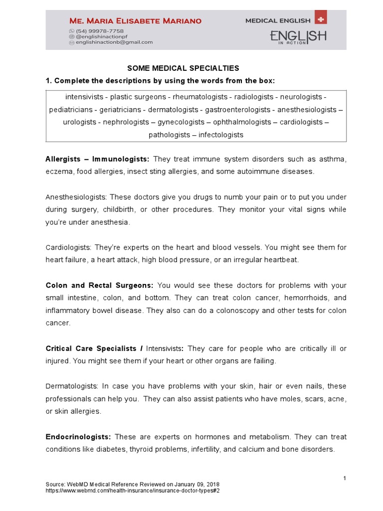 Medical Specialties Worksheet | PDF