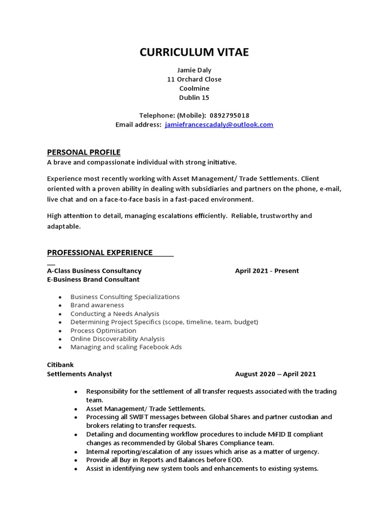 Jamie Daly - Professional CV Summary | PDF