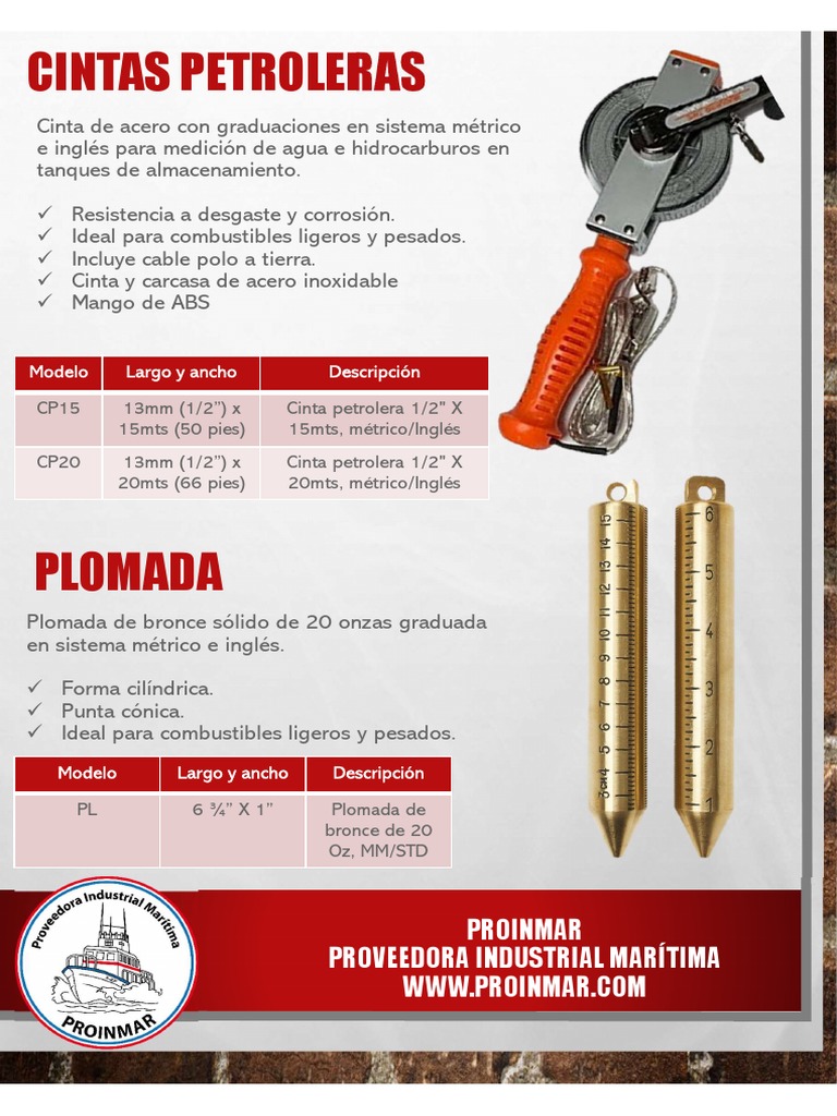 Cintas Petroleras 15 y 20 MTS y Plomada de 20 Oz - Proinmar | PDF