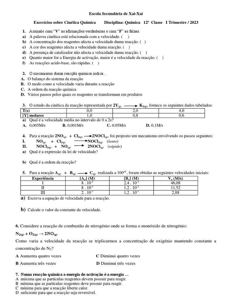 Exercicios De Cinetica Quimica Pdf Reações Químicas Combustão