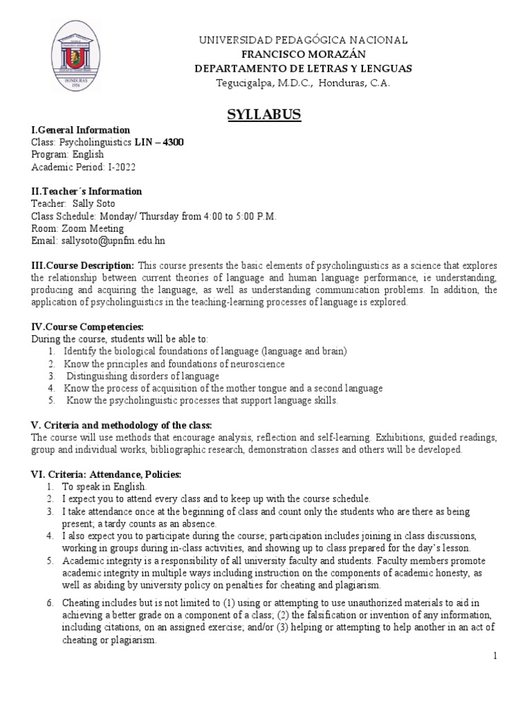Psycholinguistics Syllabus I Period 2022 | PDF | Career & Growth | Language Arts & Discipline