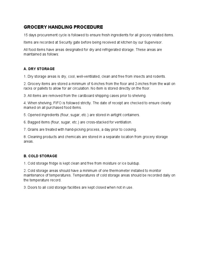 Grocery Handling Procedure Pdf 