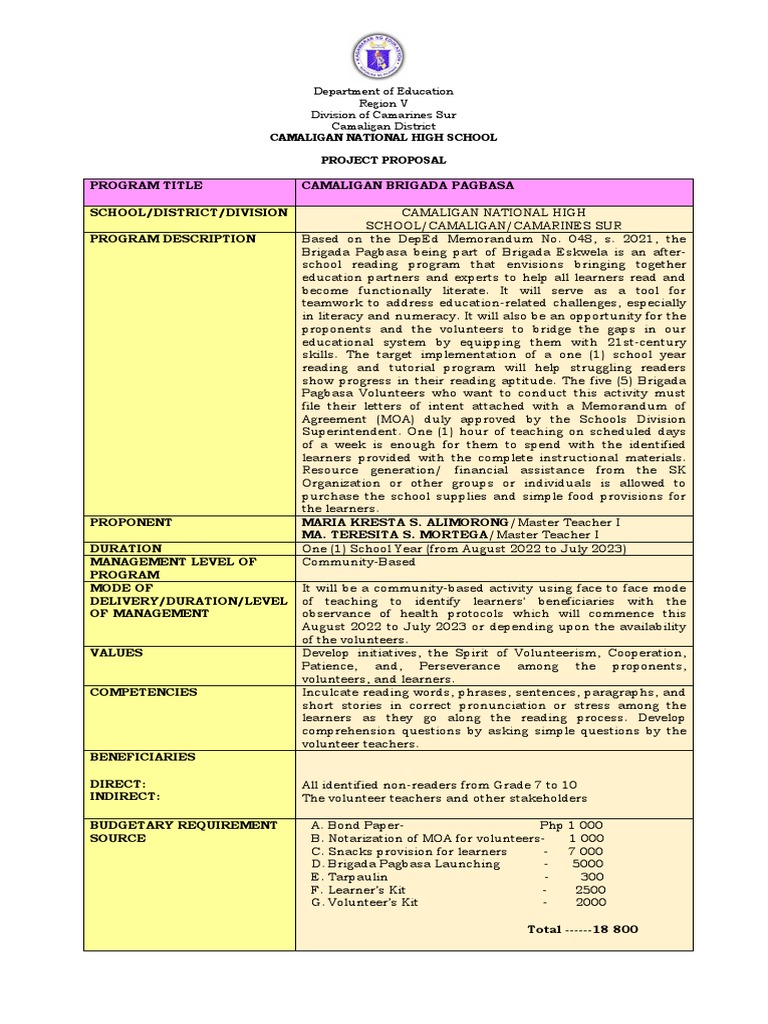 Camaligan Brigada Pagbasa Proposal 2025 | PDF | Literacy | Learning