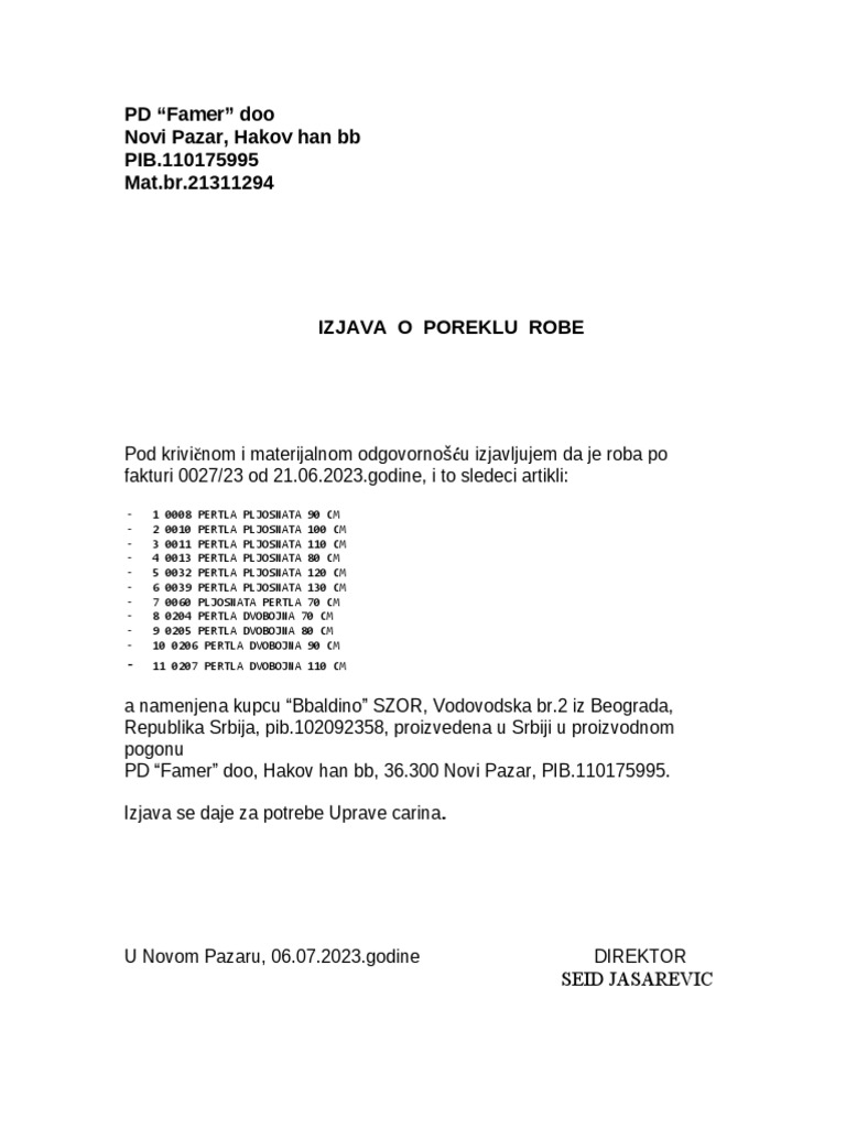 Izjava O Poreklu Za Faktur 0003 23 2270 Pdf