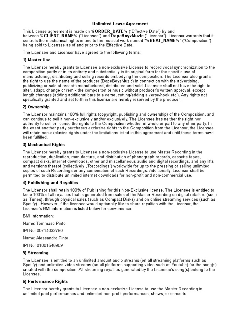 Unlimited Lease Agreement Overview | PDF | License | Royalty Payment