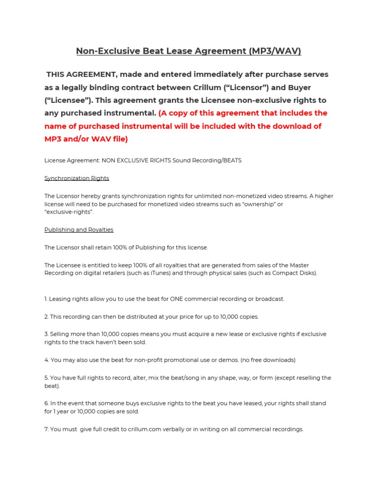 Non-Exclusive+Beat+Lease+Agreement+ (MP3 WAV) | PDF | License | Royalty ...