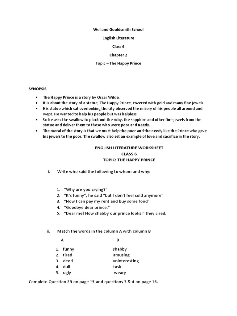 English Literature Worksheet | PDF
