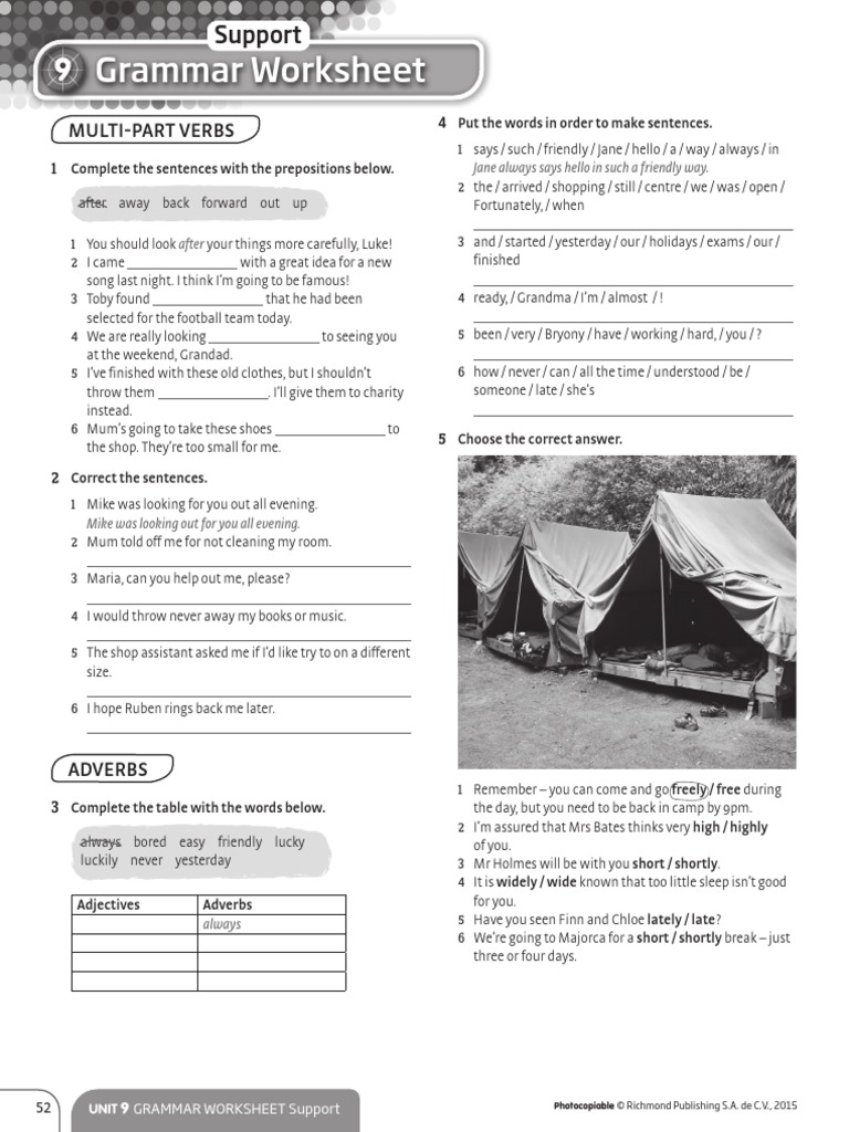 Achievers B1+ Grammar Worksheet Support Unit 9 | PDF
