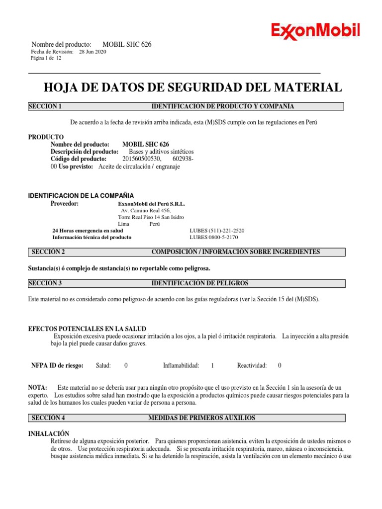 Hoja de Seguridad: Mobil SHC 626 | PDF | Ventilación (Arquitectura) | Agua