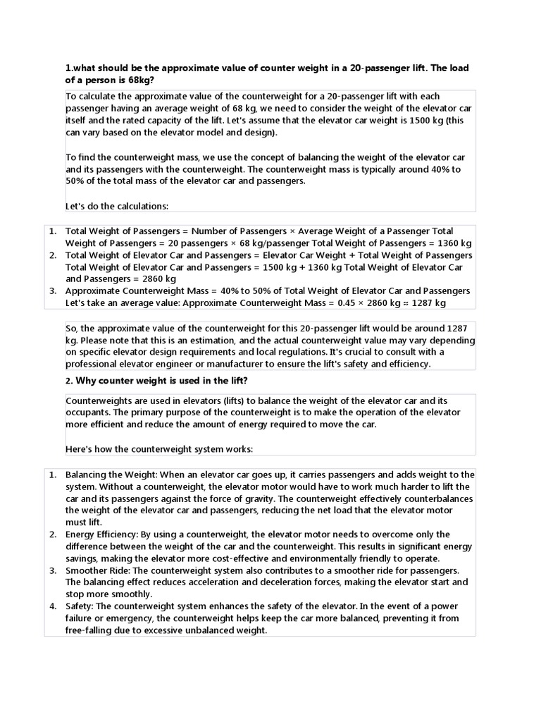 Counterweight Calculation for 20-Passenger Lift | PDF | Business ...