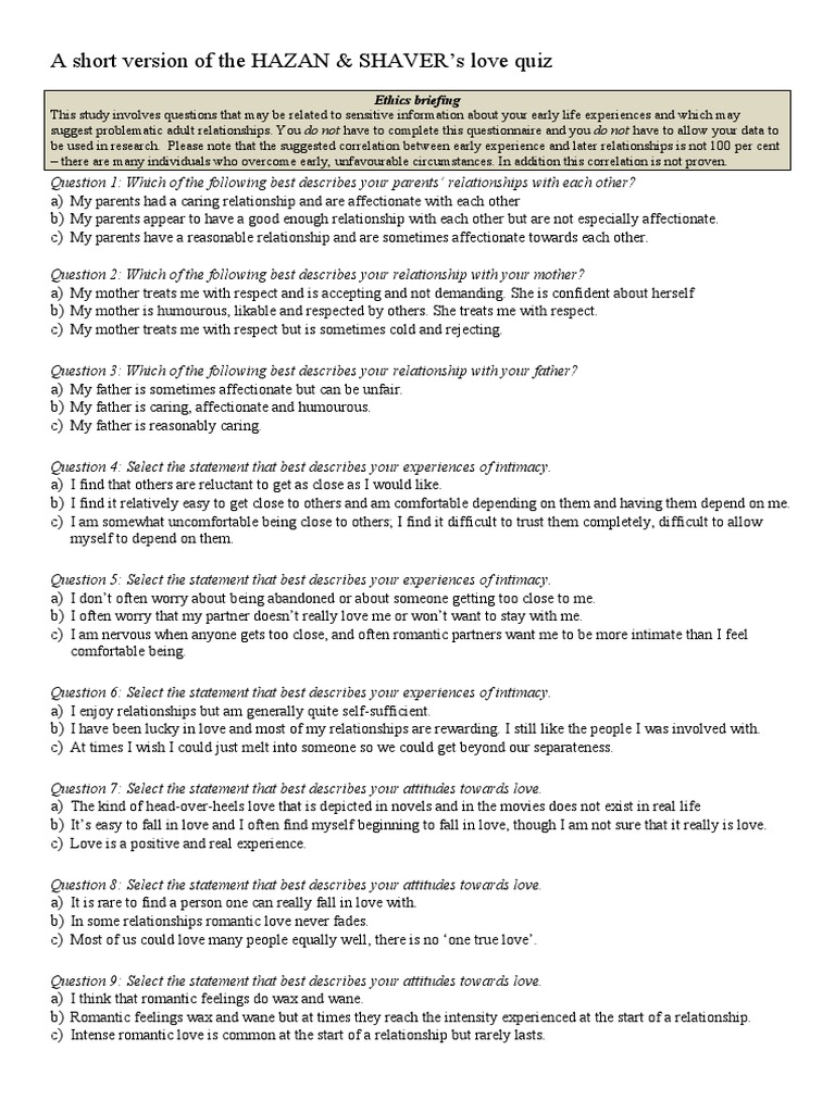 Hazan & Shaver Love Quiz Overview | PDF