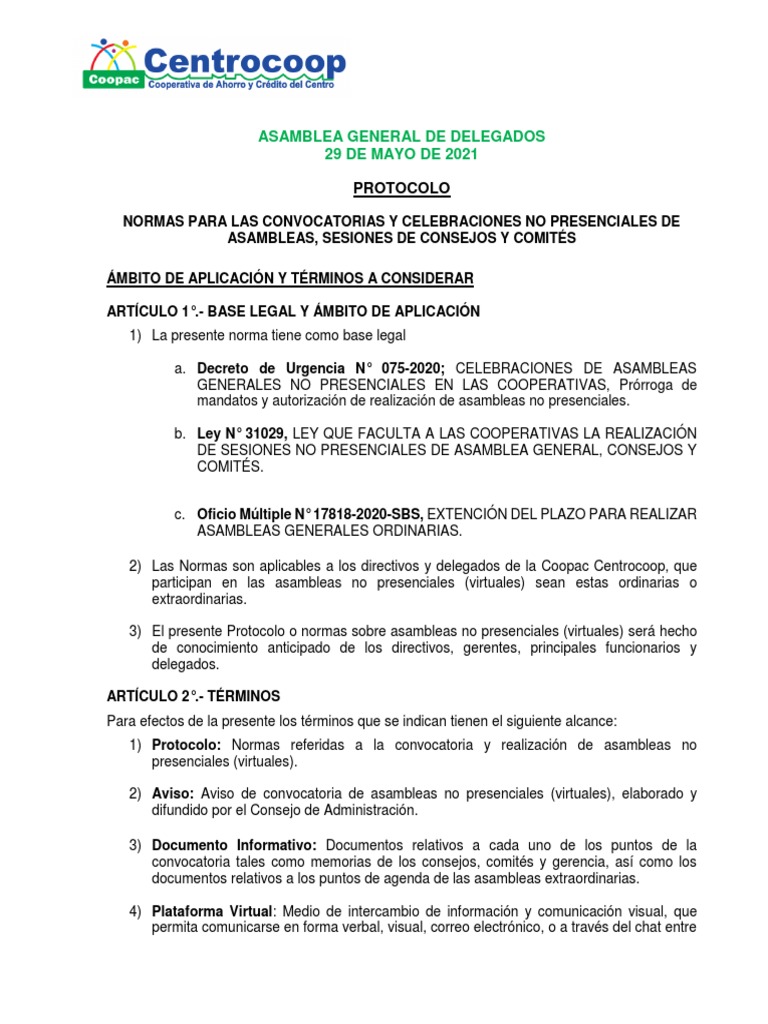 Protocolo y Normas para Desarrollo de La Asamblea Centrocoop | PDF