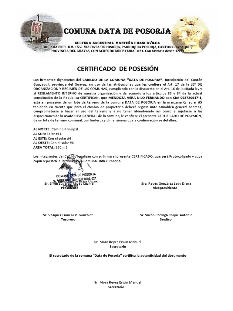 Certificado de Posesión | PDF