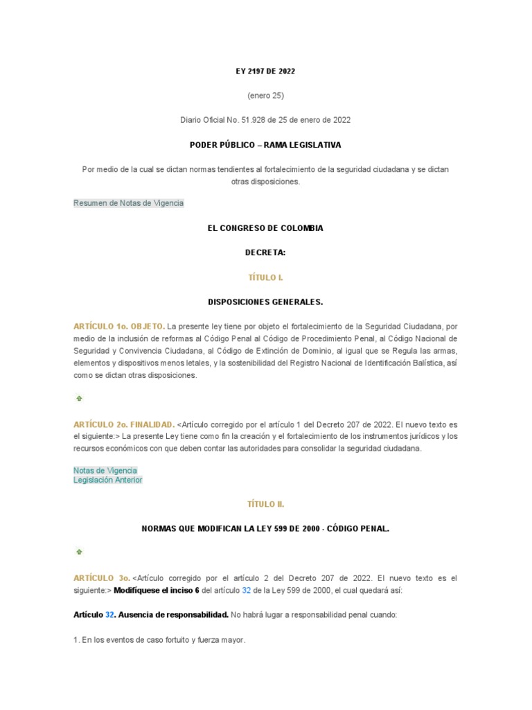 Ley 2197 De 2022 Pdf Castigos Policía