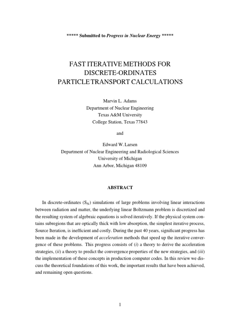 Adams M L Larsen E W Fast Iterative Methods For Discrete Ordinates Particle Transport