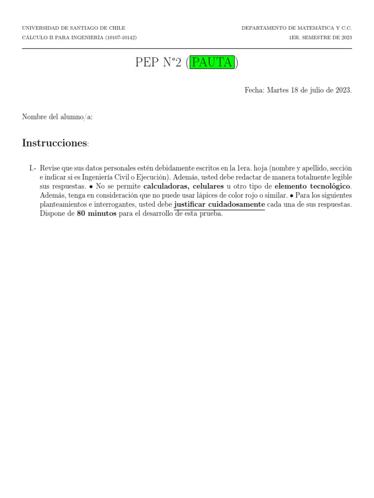 Pauta Pep 2 Calculo 2 | PDF | Análisis matemático | Matemáticas