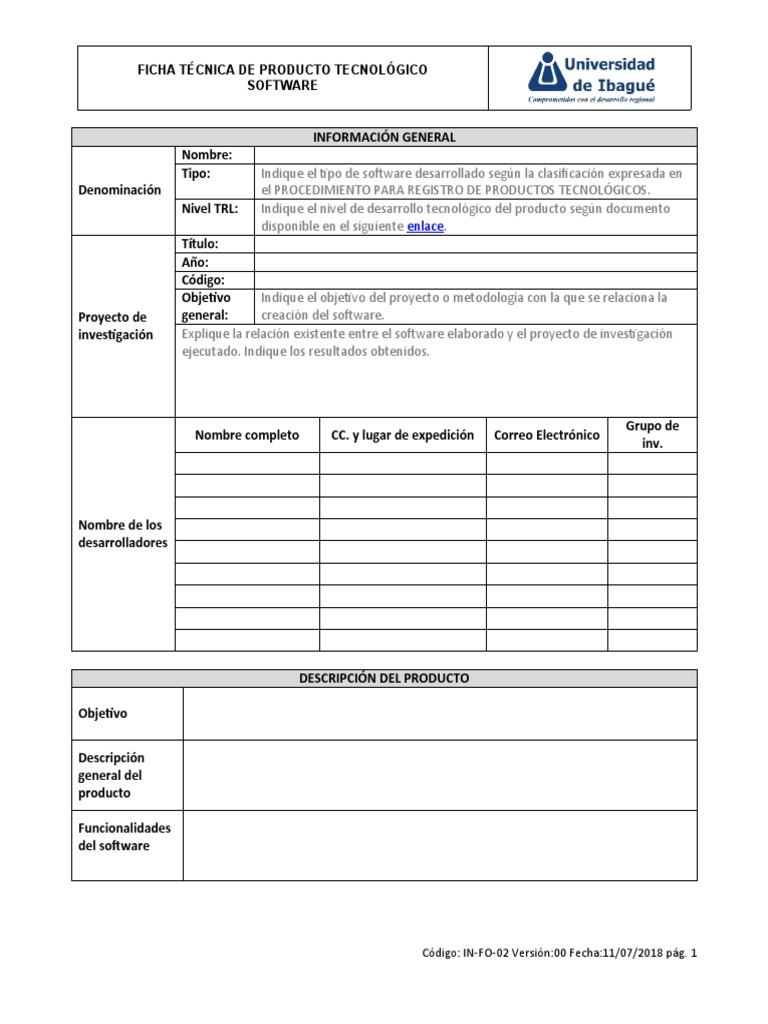 In Fo 02 Ficha Técnica De Producto Tecnologico Software Pdf