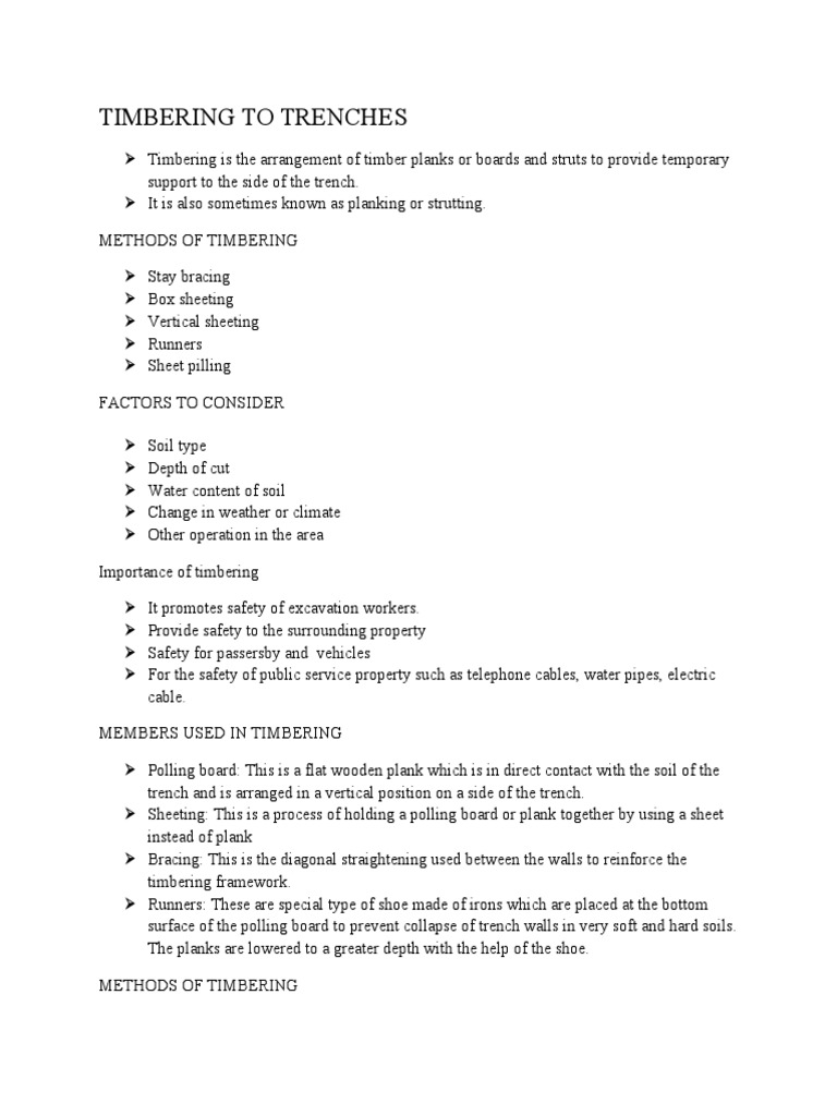 Timbering To Trenches | Download Free PDF | Trench | Building Engineering