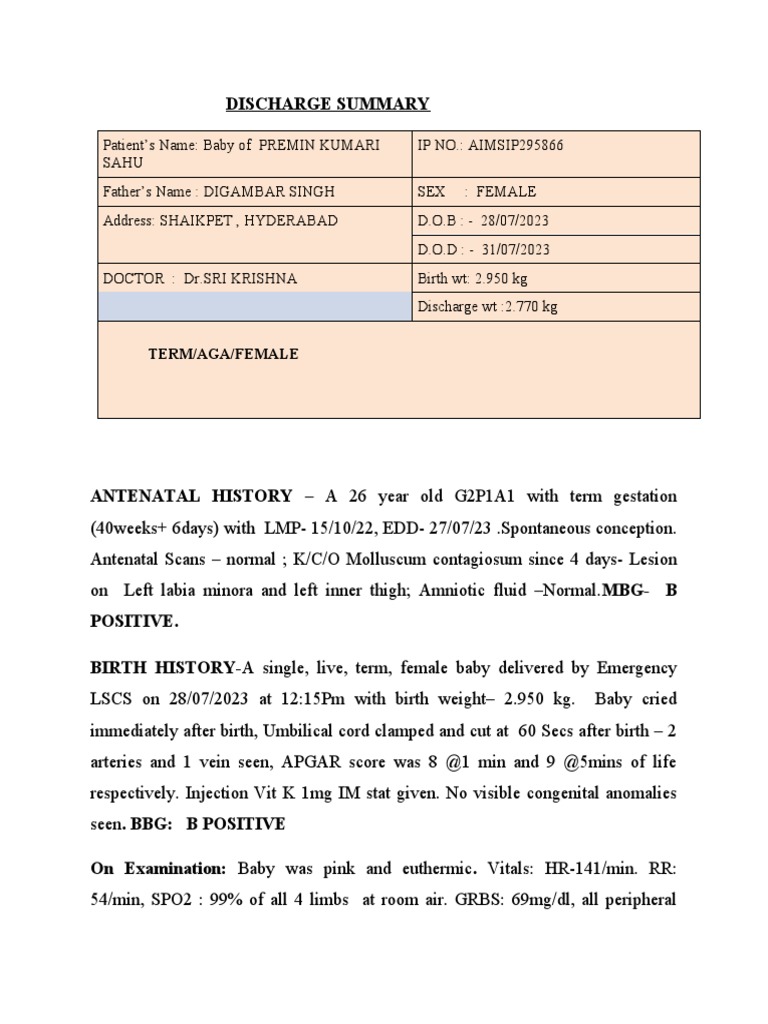 Newborn Discharge Summary | PDF | Medical Specialties | Clinical Medicine