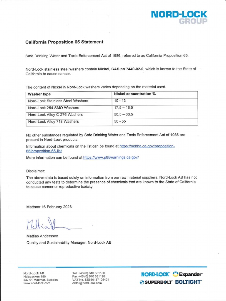 Nord Lock - California Proposition 65 Statement 2023 | PDF