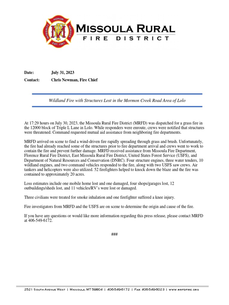 Lolo Fire: Structures Lost, 20 Acres Burned | PDF | Law