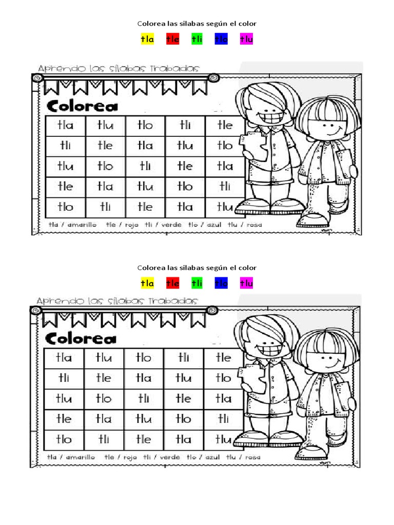 Colorea las silabas según el color tra tre tri tro tru | PDF