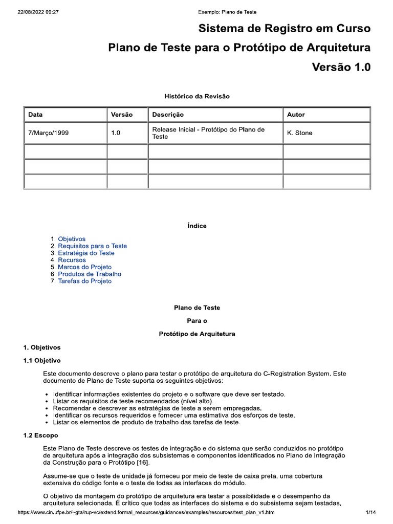 Exemplo Plano de Testes | PDF