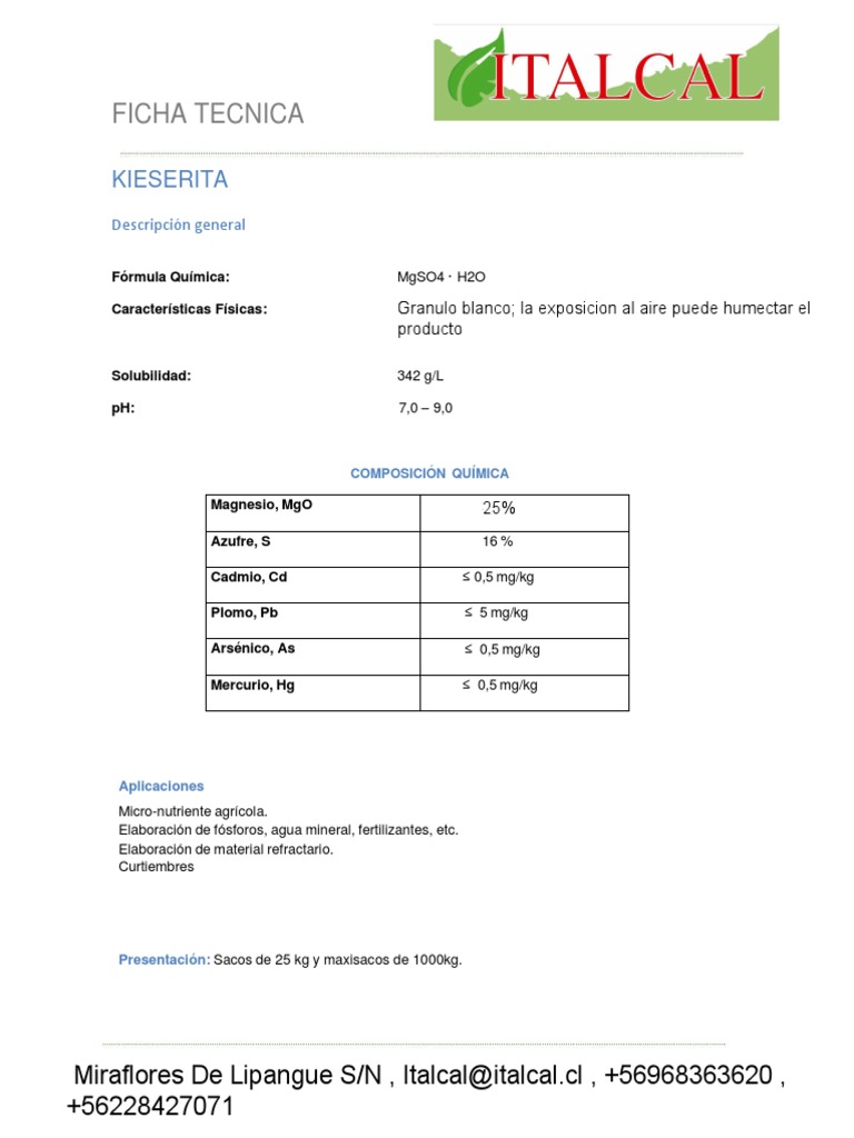Ficha Kieserita Italcal 2023 | PDF