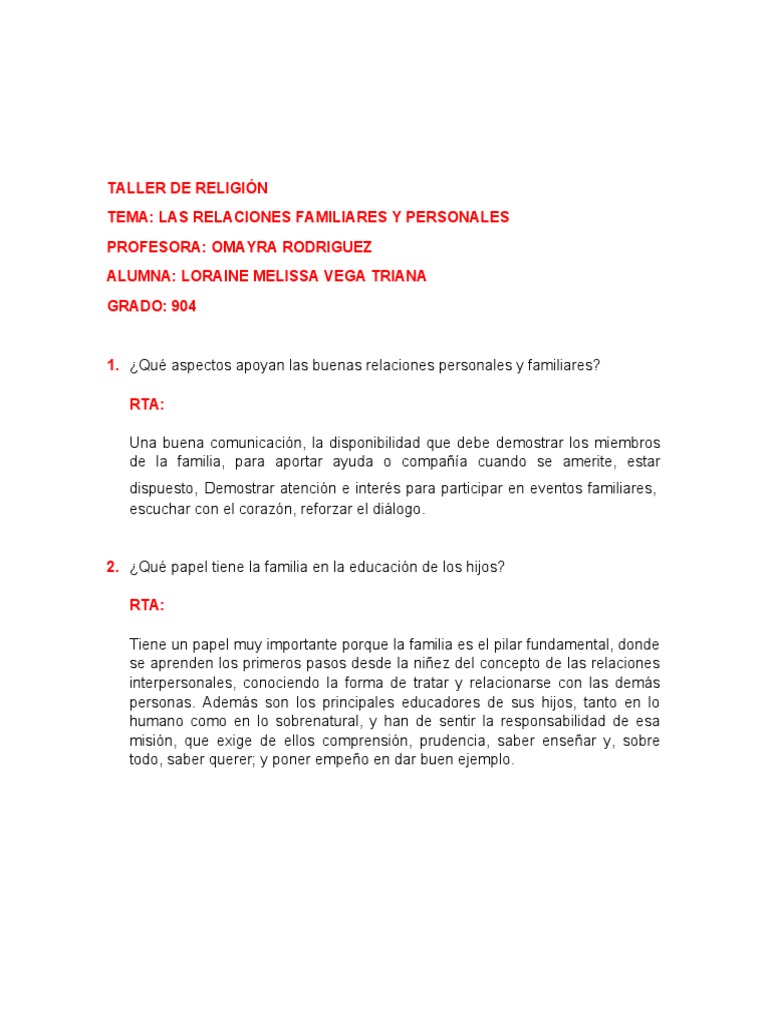 Taller de Religión - Las Relaciones Personales y Familiares | PDF | Crecimiento personal y ...