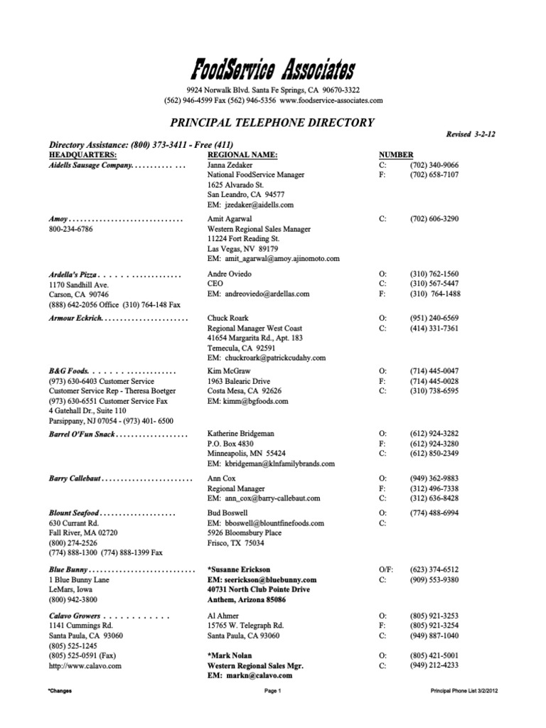 Principal Phone List 3-2-12 With Addresses | PDF | Food Industry ...